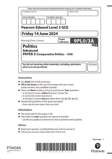 2024 Pearson Edexcel Level 3 Gce Politics Advanced Paper 3 Comparative Politics Usa Question