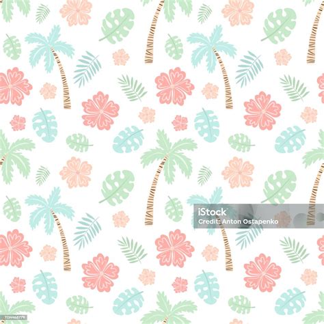 손바닥 나뭇잎 몬스 테라 히 비 스커 스가 있는 완벽 한 열 대 패턴 벡터 여름 그림 아이 들을 위한 플라밍고 직물 배경 보육 생일 샤워 종이 옷 선물 직물 0명에 대한