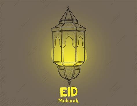 Lantern In Hand Drawn With Yellow Light Design For Eid Mubarak Or