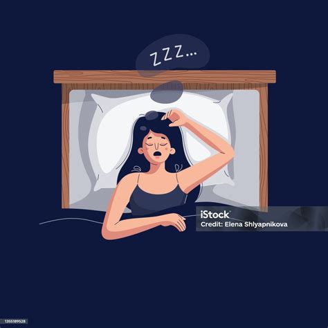 코골이 벡터 그림 침대에 누워 있는 여자는 깊은 수면을 취하는 동안 입을 벌리고 큰 소리로 코를 골립니다 일부 Zzz의를 잡는 여성 사람 수면 무호흡증 코골이 웹에 대한