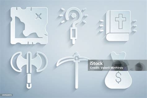 Set Pickaxe Holy Bible Book Medieval Poleaxe Old Money Bag Magic Wand And Pirate Treasure Map