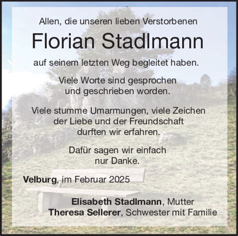 Traueranzeigen Von Florian Stadlmann Mittelbayerische Trauer