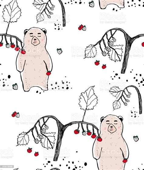 재미 있는 만화 곰입니다 딸기 열매와 잎의 무늬입니다 어린이 그림의 스타일에서 완벽 한 패턴입니다 보육 아이 들 의류 포스터 엽서에 대 한 유치 한 인쇄 벡터 일러스트입니다