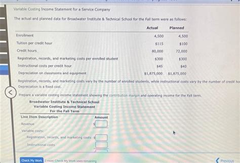 Solved Variable Costing Income Statement For A Service