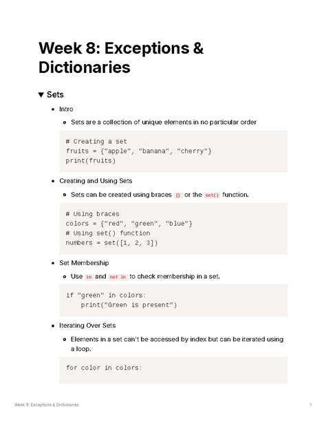 Week 8 Exceptions And Dictionaries Week 8 Exceptions And Dictionaries Sets Intro Sets Are A