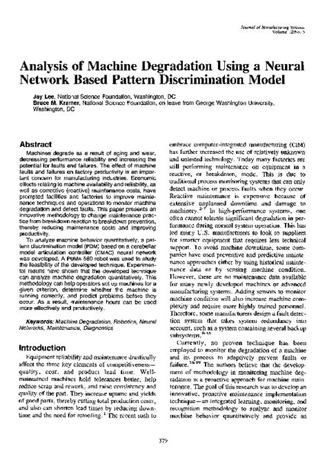 Pdf Analysis Of Machine Degradation Using A Neural Network Based Pattern Discrimination Model