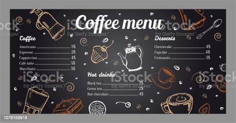 뜨거운 음료와 디저트의 목록과 함께 커피 메뉴 디자인 템플릿 벡터 윤곽선 빈티지 손으로 그려진된 그림 칠판 배경 메뉴판에 대한