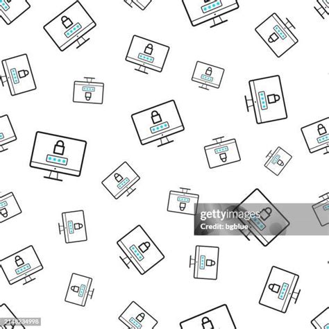 Desktop Computer With Password Seamless Pattern Line Icons On White Background High Res Vector