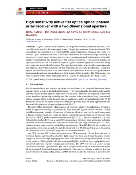 Pdf High Sensitivity Active Flat Optics Optical Phased Array Receiver With A Two Dimensional