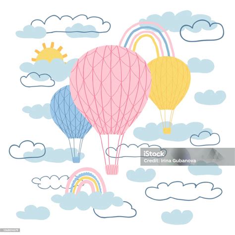 풍선 태양 무지개 만화 스타일의 구름이있는 어린이 포스터 키즈 프린트를 위한 귀여운 컨셉 디자인 엽서 직물 의류에 대한 그림 벡터 0명에 대한 스톡 벡터 아트 및 기타