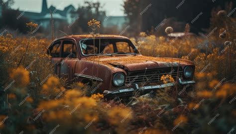 Premium Photo Rusty Vintage Car Abandoned In Rural Forest Generated By Ai