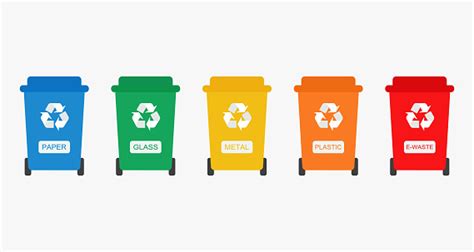 종이 유리 금속 플라스틱 및 전자 폐기물로 분류 된 다양한 유형의 쓰레기 용기로 폐기물 관리 및 재활용 개념 재활용에 대한 스톡 벡터 아트 및 기타 이미지 Istock