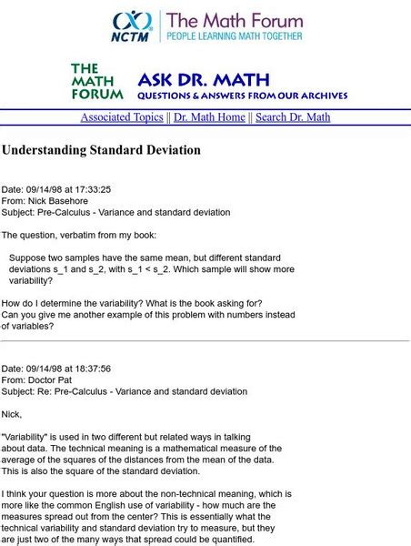 The Math Forum Understanding Standard Deviation Handout For 9th 10th Grade Lesson Planet