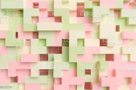 무작위 큐브 요소가있는 다채로운 추상 기하학적 3d 배경 녹색과 분홍색 파스텔 색상 팔레트 고급 추상적 인 배경 정사각형 크기 3d 렌더링 그림 3차원 형태에 대한 스톡