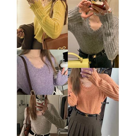 Heygirl黑哥 桃气果卉 破边坑条百搭多色毛衣女秋设计感针织上衣heygirl黑哥