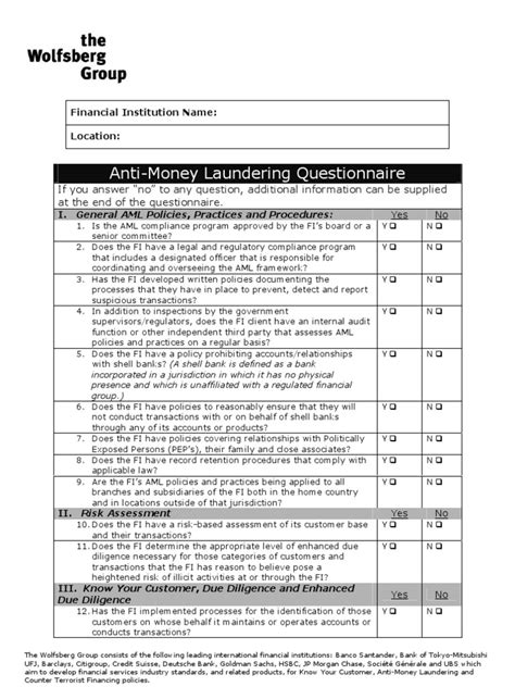 Aml Questionnaire 2008 2 Pdf Money Laundering Government