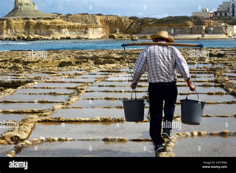 Malta Island Of Gozo Emmanuel Cini Owner Of A Parcel Of Salt Stock