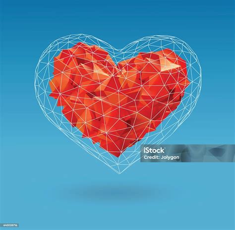 낮은 폴리 와이어프레임 케이지가 있는 추상기하학적 심장 심볼 와이어 프레임 모델에 대한 스톡 벡터 아트 및 기타 이미지
