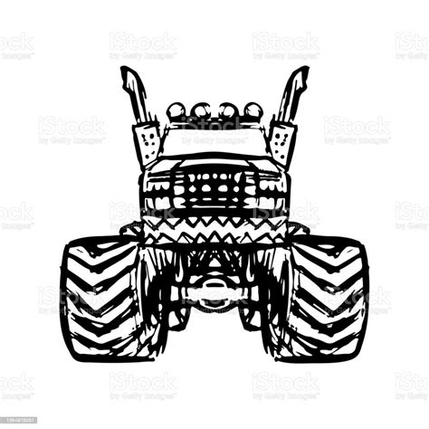 몬스터 트럭 아이콘 전면 보기입니다 잉크 윤곽선 스케치 도면입니다 벡터 플랫 그래픽 손 그린 그림 흰색 배경의 격리된 개체입니다 격리 몬스터 트럭에 대한 스톡 벡터 아트 및