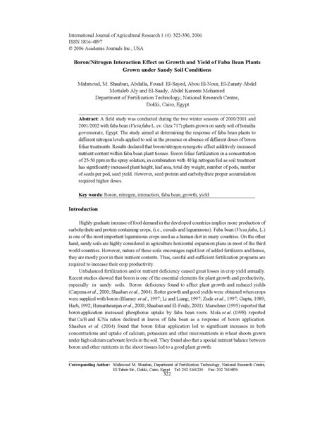 Pdf Boron Nitrogen Interaction Effect On Growth And Yield Of Faba Bean Plants Grown Under