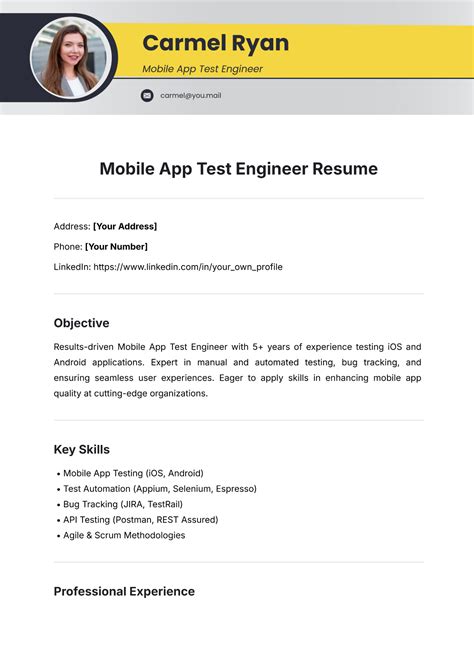 Free Mobile App Test Engineer Resume Template To Edit Online