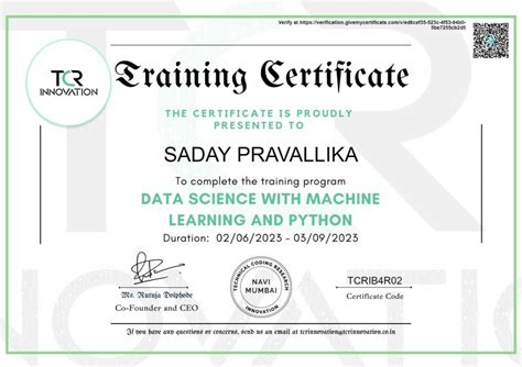 🎓 Completed Data Science Machine Learning And Python Training 🚀 Saday Pravallika Posted On