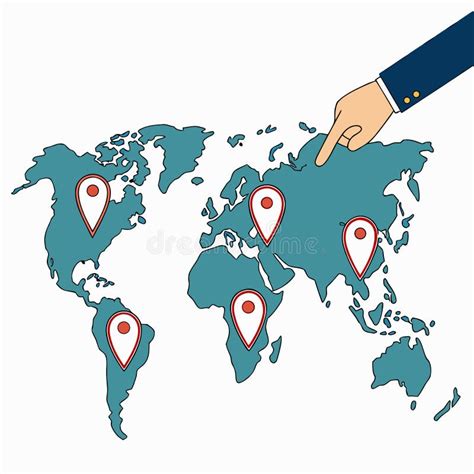 World Map With Location Markers And Hand Pointing Destination Stock Illustration Illustration