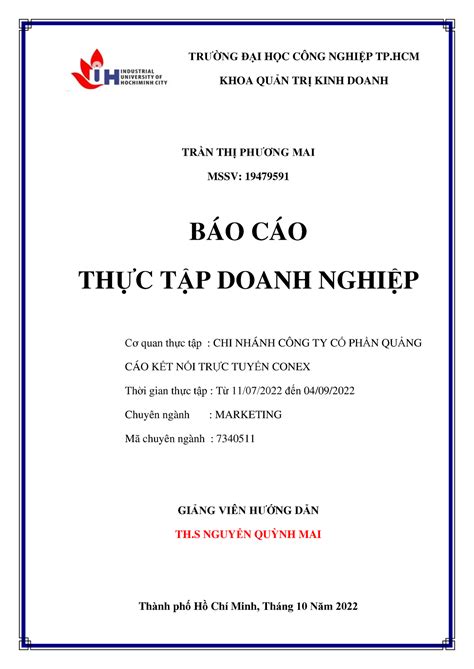 BÁO CÁO THỰC TẬP HOÀN CHỈNH Chính THỨC TRƯỜNG ĐẠI HỌC CÔNG NGHIỆP TP KHOA QUẢN TRỊ KINH