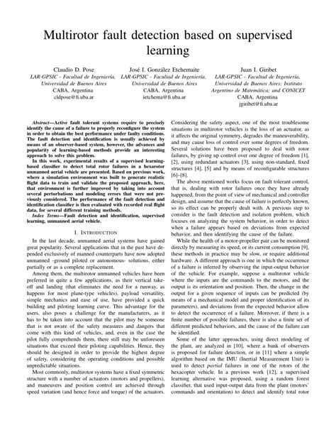 Pdf Multirotor Fault Detection Based On Supervised Learning