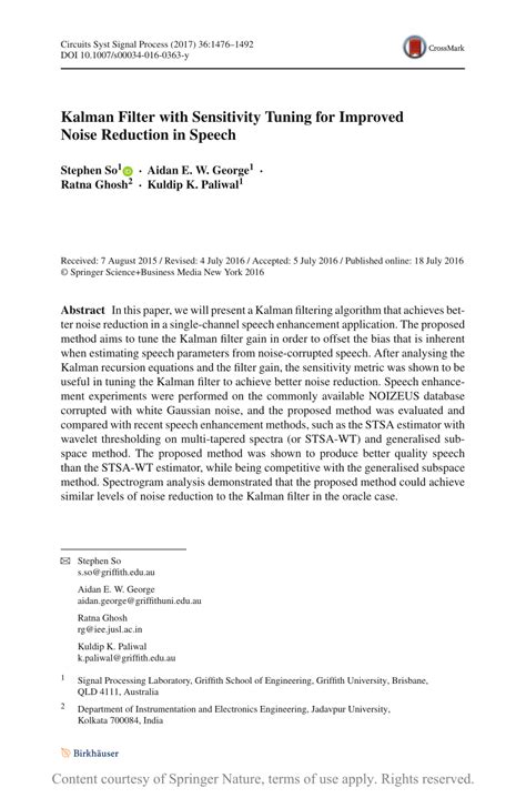 Kalman Filter With Sensitivity Tuning For Improved Noise Reduction In Speech Request Pdf