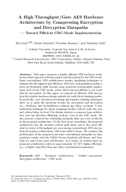 Pdf A High Throughputgate Aes Hardware Architecture By Compressing Encryption And Decryption