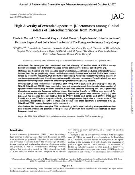 Pdf High Diversity Of Extended Spectrum Beta Lactamases Esbl Among Clinical Isolates Of