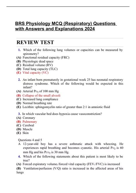 Brs Physiology Mcq Respiratory Questions With Answers And Explanations 2024 Biology Stuvia Uk