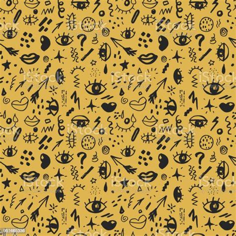 원활한 패턴 손으로 그린 스케치 낙서 요소 눈과 입술 추상적인 배경 타이 포 그래피 디자인 인쇄 벡터 일러스트 레이 션 1990 1999 년에 대한 스톡 벡터 아트 및 기타