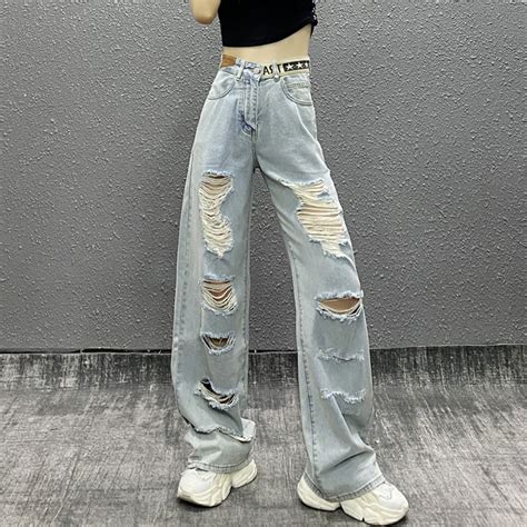 帅气拼接腰身设计破洞牛仔裤女夏新款高腰宽松显瘦直筒阔腿拖地裤虎窝淘