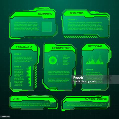 녹색 미래 지향적 Hud Ui 요소 공상 과학 사용자 인터페이스 텍스트 상자 설명선 경고 메시지 프레임 정보 상자 템플릿입니다 디지털 스타일의 현대적인 게임 인터페이스 레이