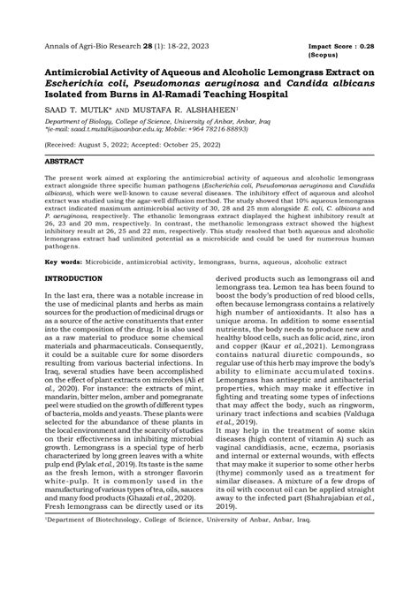 Pdf Antimicrobial Activity Of Aqueous And Alcoholic Lemongrass