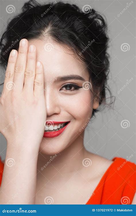 Portrait Of Pretty Girl With With Sensual Red Lips And Beautiful Face