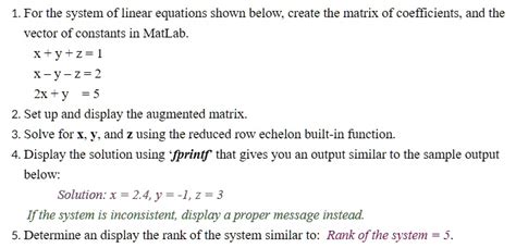 1 For The System Of Linear Equations Shown Below Create The Matrix Of