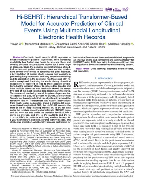 Hi Behrt Hierarchical Transformer Based Model For Accurate Prediction Of Clinical Events Using