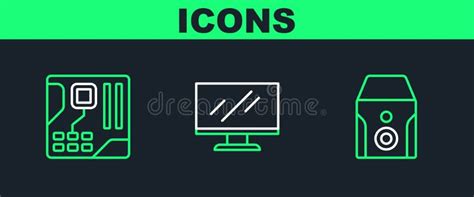 Set Line Uninterruptible Power Supply Motherboard Digital Chip And Computer Monitor Screen Icon