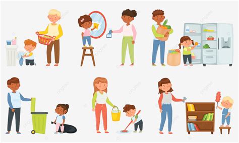 Niños De Dibujos Animados Ayudando Con Las Tareas Del Hogar Png Dibujos Estilo De Vida Familia