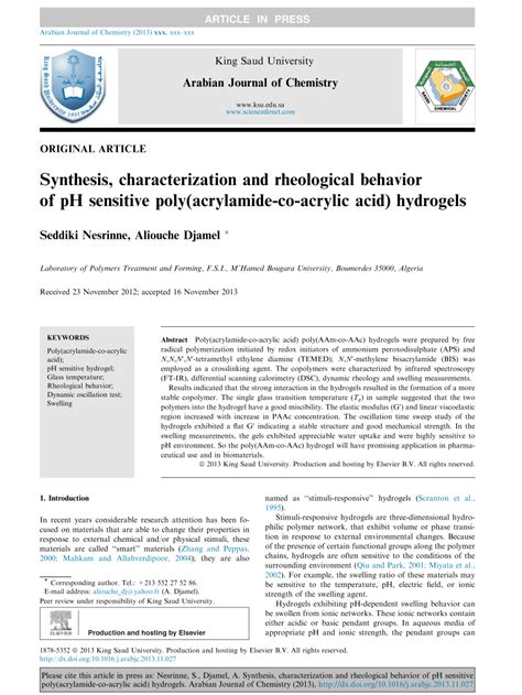 Pdf Synthesis Characterization And Rheological Behavior Of Ph Sensitive Polyacrylamide Co