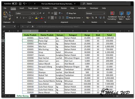 cara membuat kode barang otomatis di excel