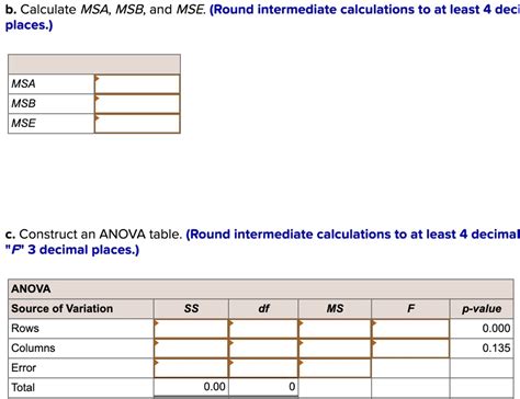 B Calculate Msa Msb And Mse Round Intermediate Calculations To At Least Deci Places Msa Msb