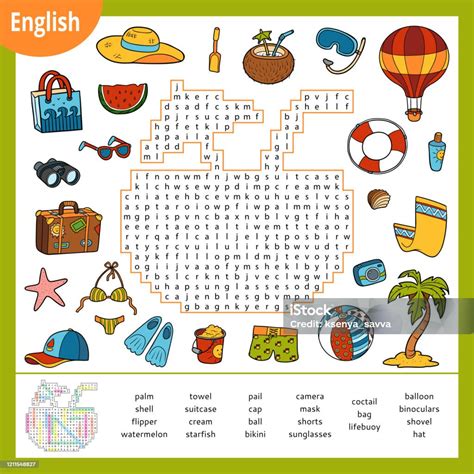 단어 검색 퍼즐 여름과 휴일 개체의 만화 세트입니다 영어 학습을위한 벡터 컬러 워크 시트 가로세로 낱말퍼즐에 대한 스톡 벡터 아트 및 기타 이미지 Istock