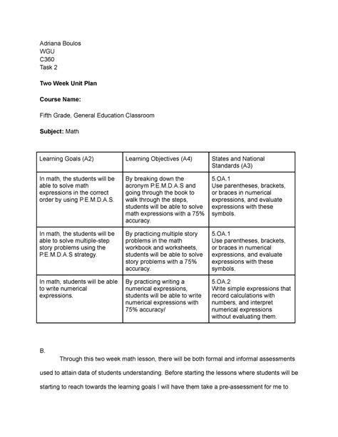 AB WGU Task WGU ELL Masters Course Adriana Boulos WGU C Task Two Week Unit Plan Course