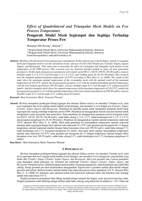 Pdf Effect Of Quadrilateral And Triangular Mesh Models On Fsw Process Temperature Pengaruh