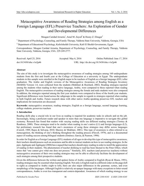 Pdf Metacognitive Awareness Of Reading Strategies Among English As A Foreign Language Efl