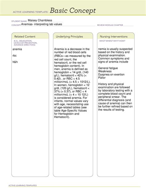 Anemia Intepreting Lab Values ACTIVE LEARNING TEMPLATES Basic
